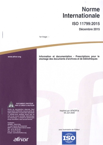 Norme Internationale ISO 11799:2015 Information... de AFNOR - Grand Format - Livre - Decitre