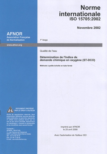 Norme internationale ISO 15705:2002 Qualité de... de AFNOR - Livre ...
