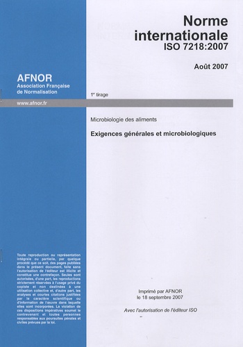 Norme internationale ISO 7218:2007 Microbiologie... de AFNOR - Livre ...