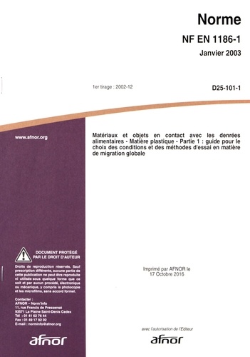 Norme NF EN 1186-1 Matériaux et objets en... de AFNOR - Livre - Decitre