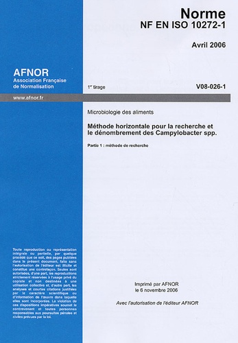 Norme NF EN ISO 10272-1 Avril 2006 Microbiologie... de AFNOR - Livre - Decitre