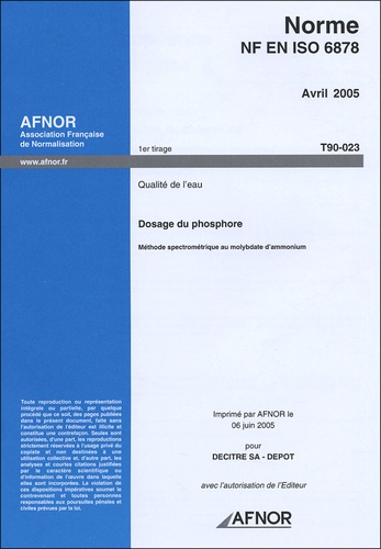 Norme NF EN ISO 6878 Avril 2005 Qualité de l'eau... de AFNOR - Livre ...