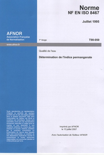 Norme NF EN ISO 8467 Qualité de l'eau -... - AFNOR - Livres - Furet du Nord