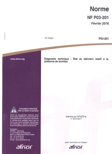 Norme NF P03-201 - Diagnostic technique Etat du... de AFNOR - Livre - Decitre