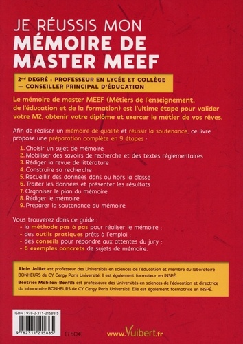 Je réussis mon mémoire de Master MEEF - 2nd... de Alain Jaillet - Grand Format - Livre - Decitre
