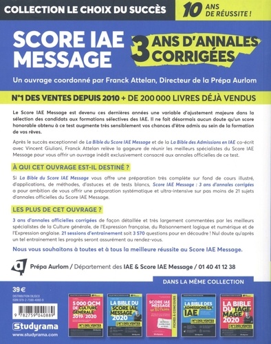 Score IAE Message - 3 ans d'annales corrigées de Danielle Attelan - Grand Format - Livre - Decitre