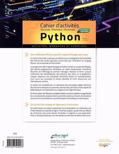 Cahier d'activités Python 2de/1re/Tle... de Fabrice Leclercq - Grand Format - Livre - Decitre