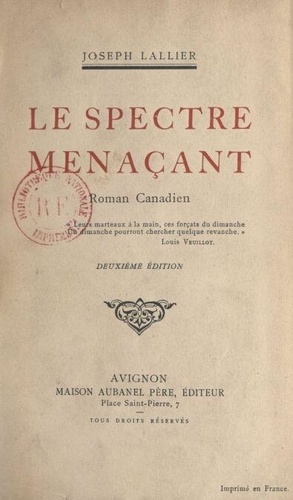 Le spectre menaçant - Roman canadien de Joseph Lallier - ePub - Ebooks ...